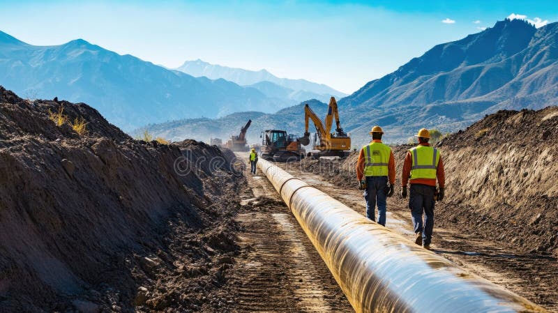 Construction Workers in Safety Gear Walking Alongside a Newly Installed ...