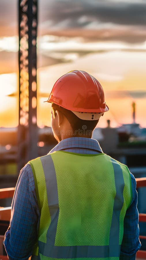 Construction Workers Safety Helmet with Sunset Sky Background Stock ...