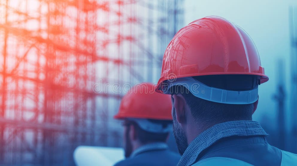 Construction Workers in Safety Helmets Observing a Building Site ...