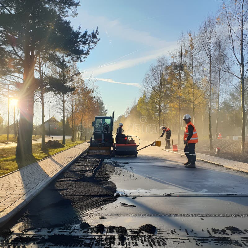 Construction Workers in Safety Vests and Helmets Paving a Road with ...