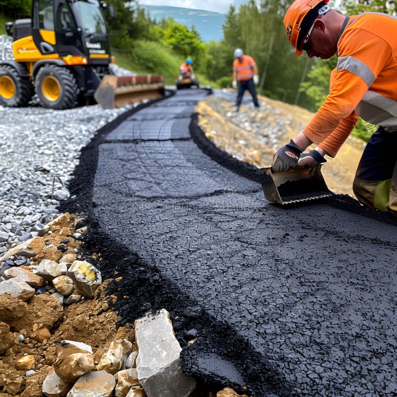 Construction Workers in Safety Vests and Helmets Paving a Road with ...