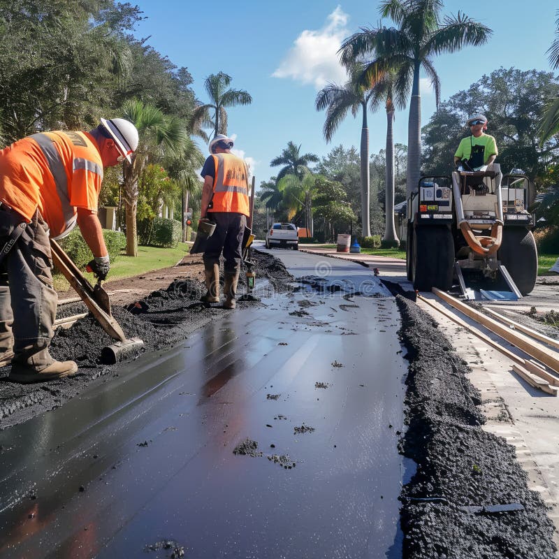 Construction Workers in Safety Vests and Helmets Paving a Road with ...