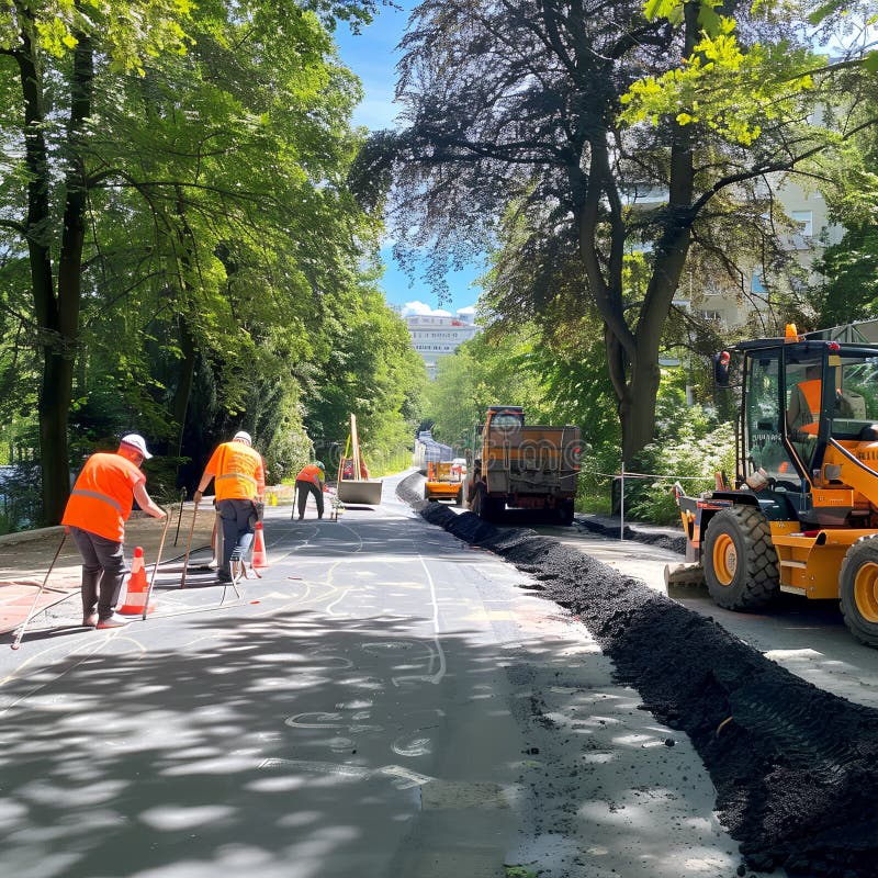 Construction Workers in Safety Vests and Helmets Paving a Road with ...