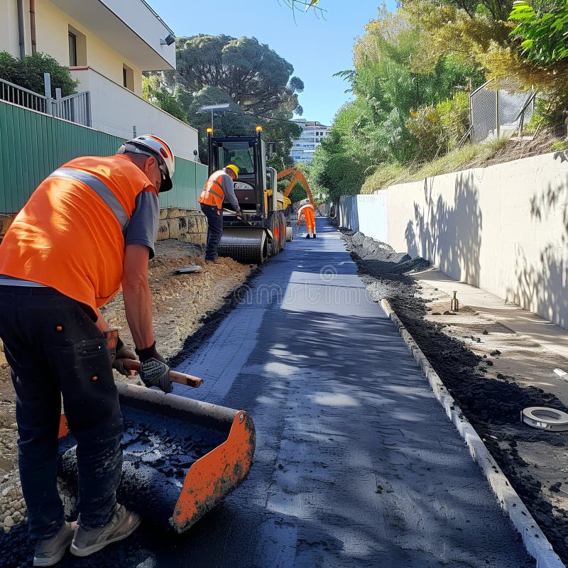 Construction Workers in Safety Vests and Helmets Paving a Road with ...