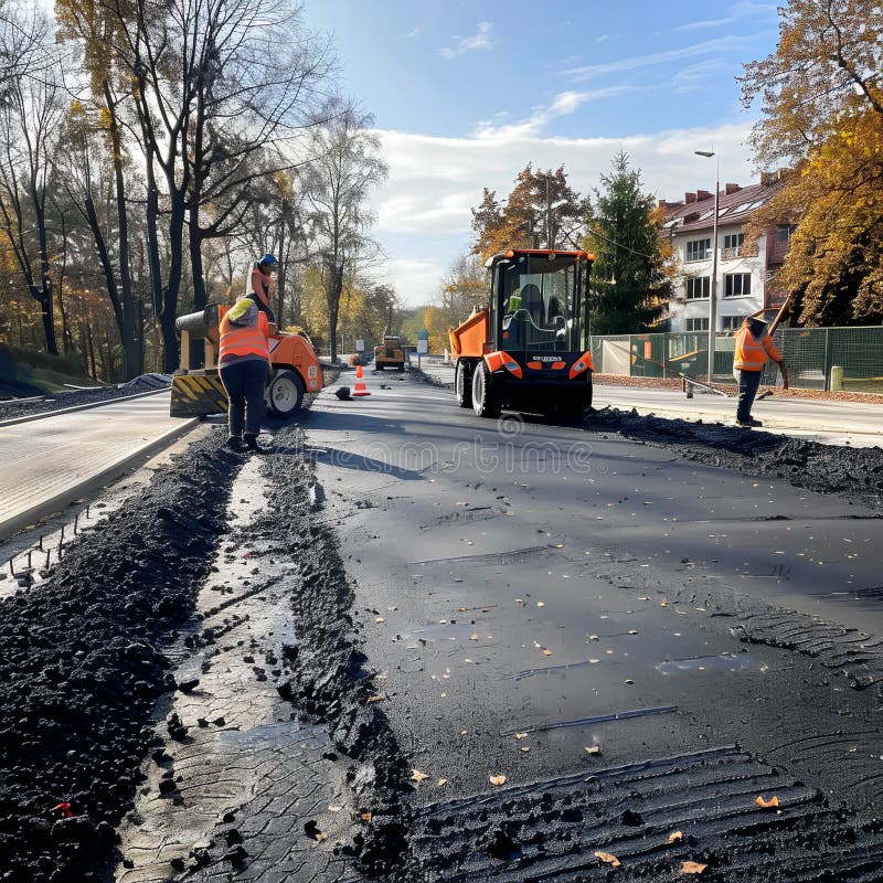 Construction Workers in Safety Vests and Helmets Paving a Road with ...