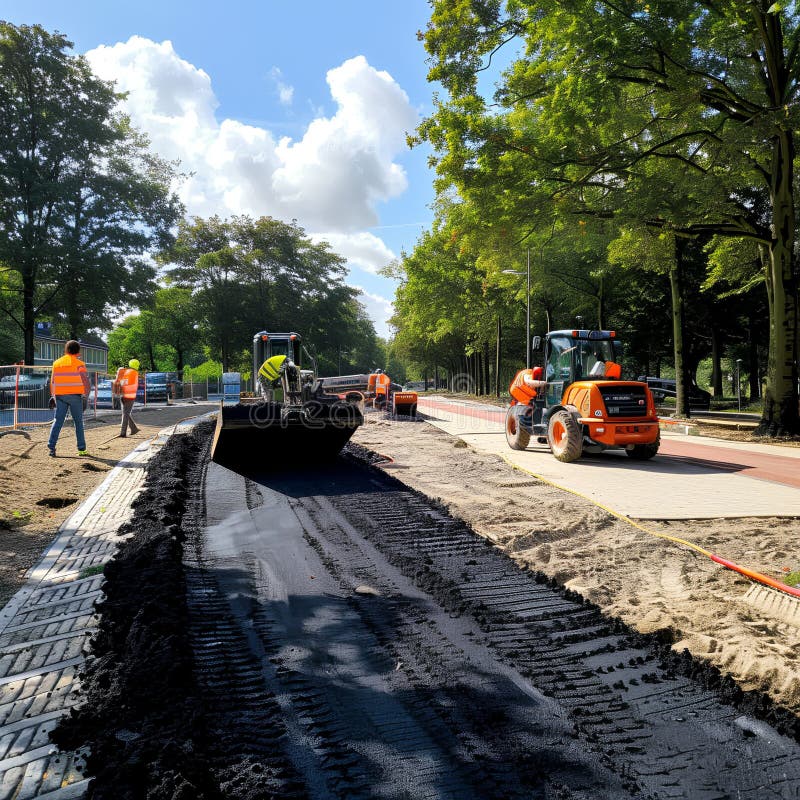 Construction Workers in Safety Vests and Helmets Paving a Road with ...
