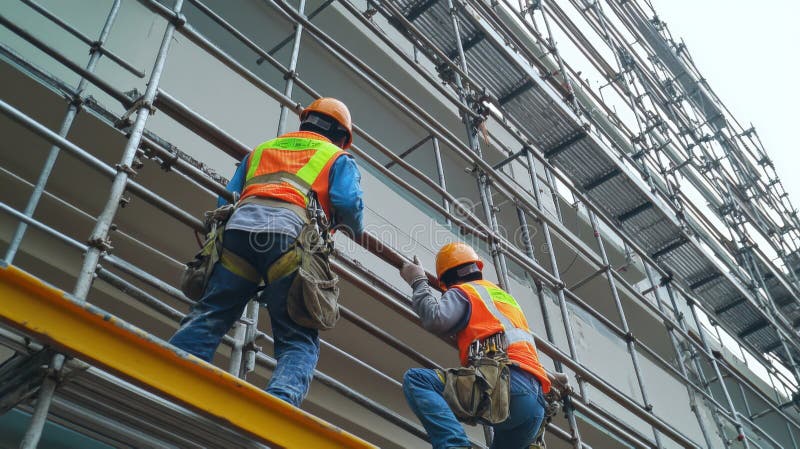 Construction Workers on Scaffolding during Building Renovation Stock ...