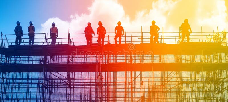 Construction Workers on Scaffolding, Colorful Abstract Skyline ...