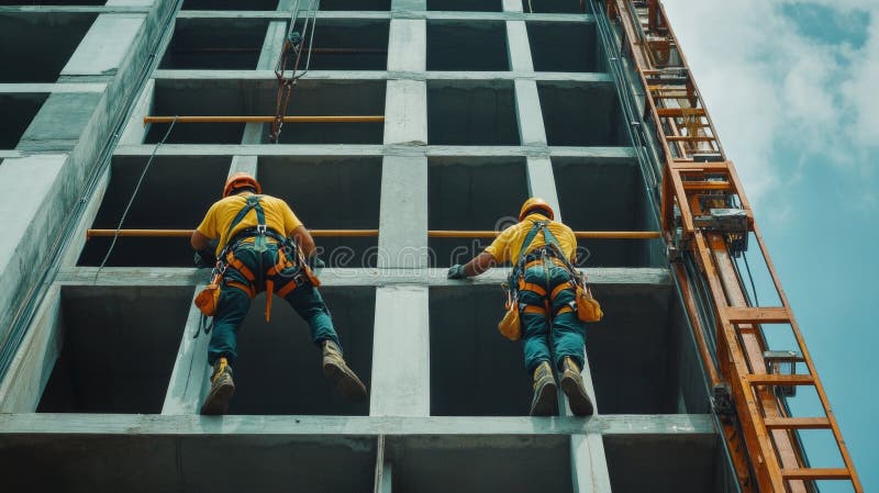 Construction Workers on Scaffolding Hanging from a High-Rise Building ...