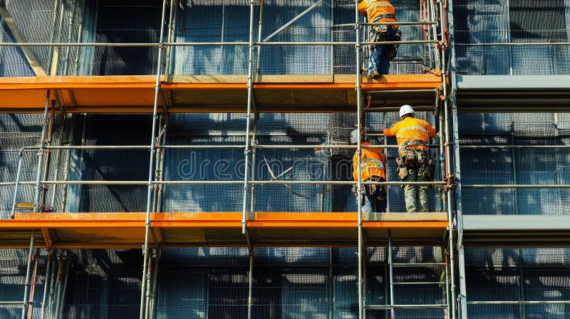 Construction Workers on Scaffolding Inspecting a Building Facade Stock ...