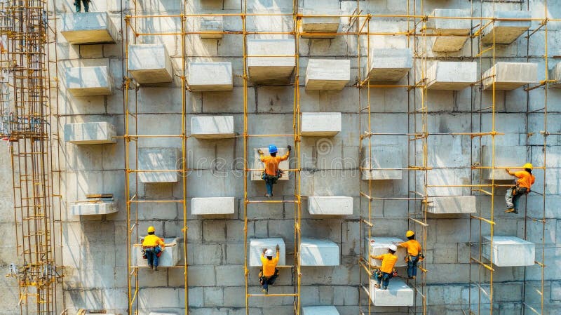 Construction Workers on Scaffolding Installing Blocks Stock ...
