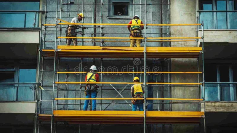 Construction Workers on Scaffolding Outside a Building Stock ...