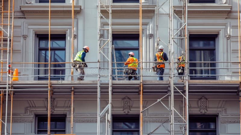 Construction Workers on Scaffolding Outside a Building Stock ...