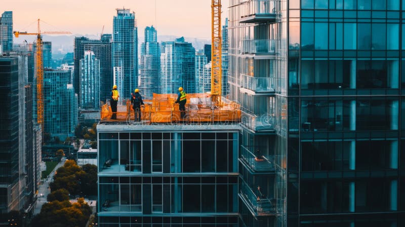 Construction Workers on Scaffolding Outside a Modern Skyscraper Stock ...