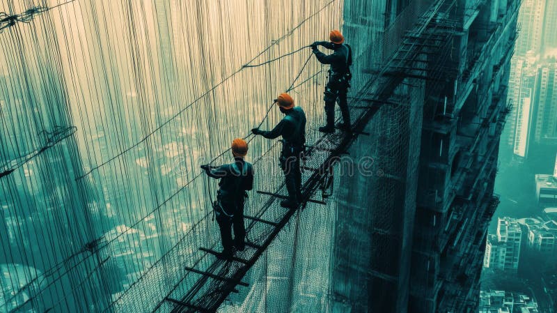 Construction Workers on a Scaffolding Platform on a Tall Building Stock ...