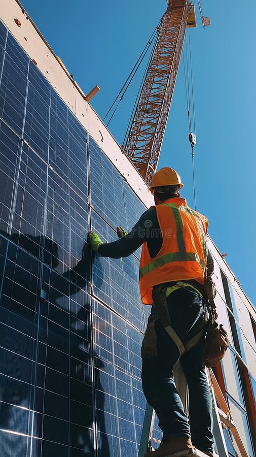 Construction Workers on Scaffolding Securing Solar Panels Stock ...