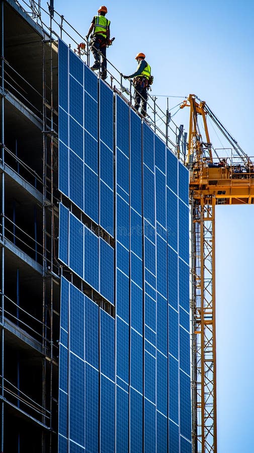 Construction Workers on Scaffolding Securing Solar Panels Stock ...