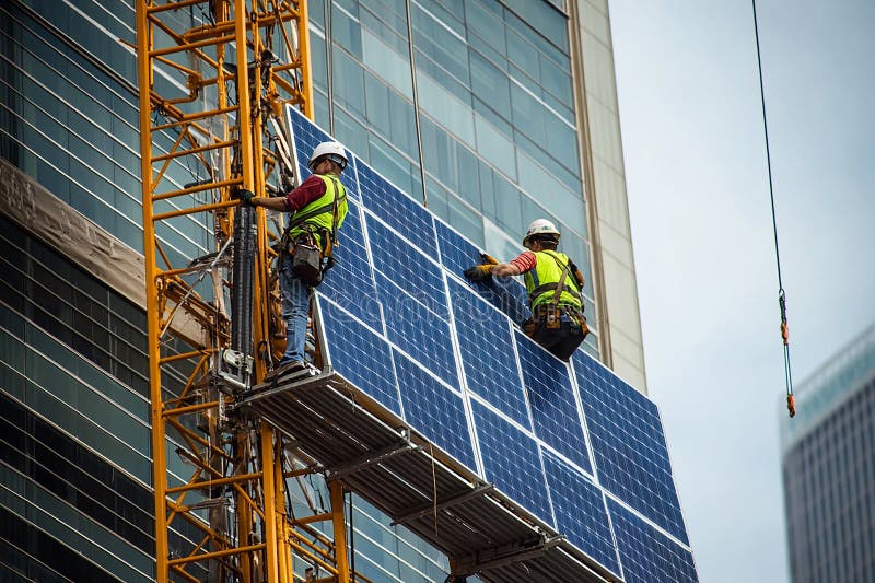 Construction Workers on Scaffolding Securing Solar Panels Stock ...