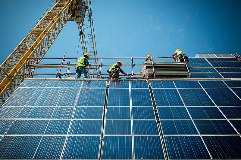 Construction Workers on Scaffolding Securing Solar Panels Stock ...