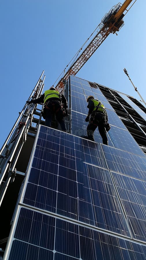 Construction Workers on Scaffolding Securing Solar Panels Stock ...