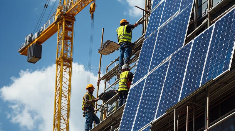 Construction Workers on Scaffolding Securing Solar Panels Stock ...