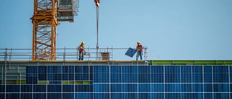 Construction Workers on Scaffolding Securing Solar Panels Stock ...