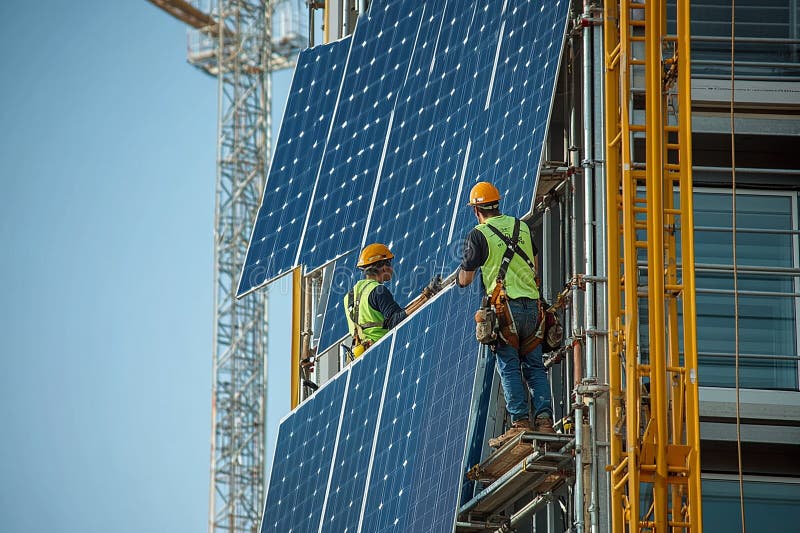 Construction Workers on Scaffolding Securing Solar Panels Stock ...