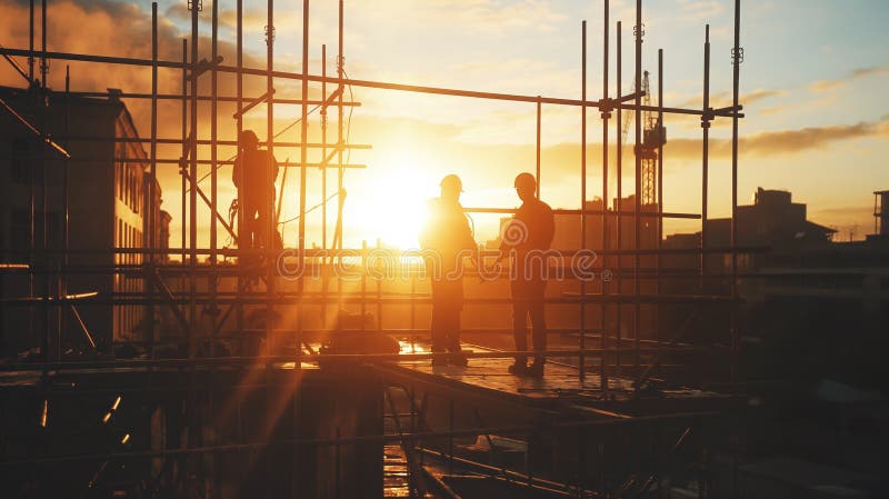 Construction Workers on Scaffolding at Sunset Overlooking a Bustling ...