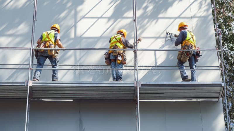 Construction Workers on Scaffolding Working on a Building Wall Stock ...