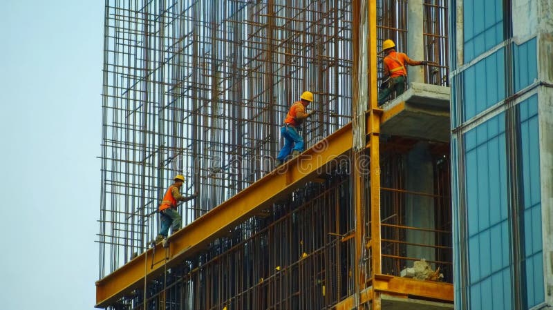 Construction Workers on Scaffolding Working on a High-Rise Building ...