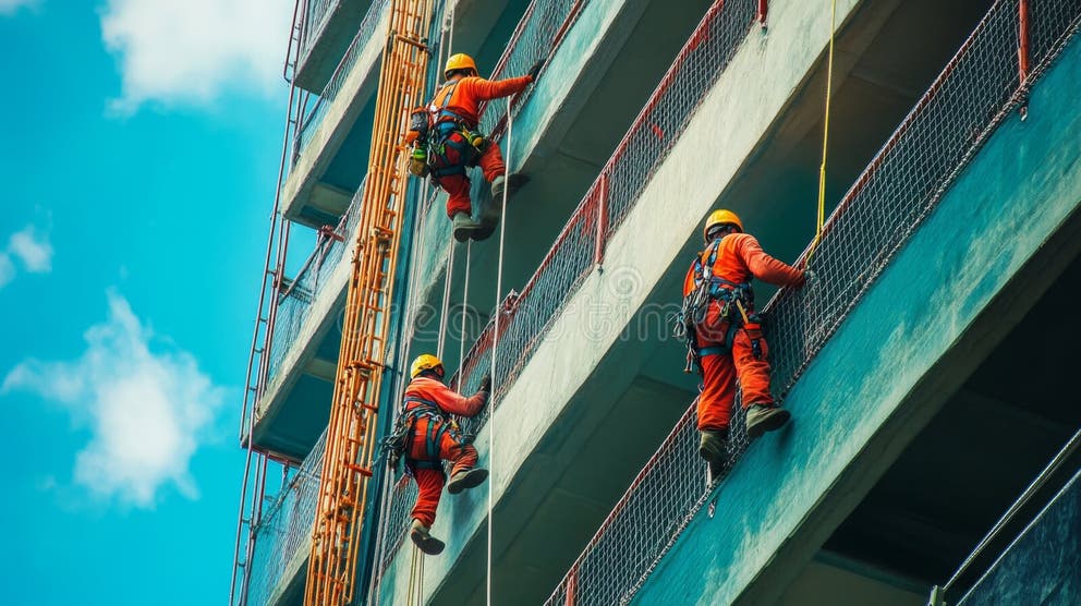 Construction Workers Scaling a High-Rise Building with Safety Gear ...