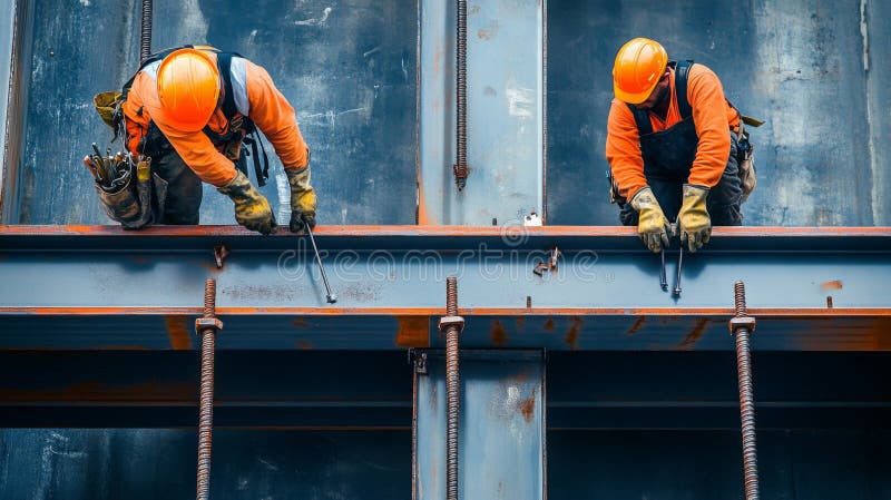 Construction Workers Securing Steel Beam with Tools Stock Illustration ...