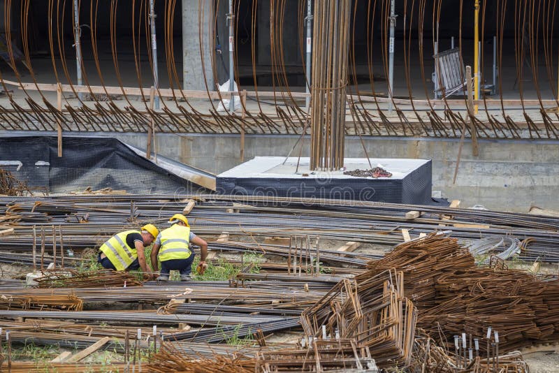 Iron Workers Tying Reinforcing Rebar Editorial Stock Photo - Image of ...