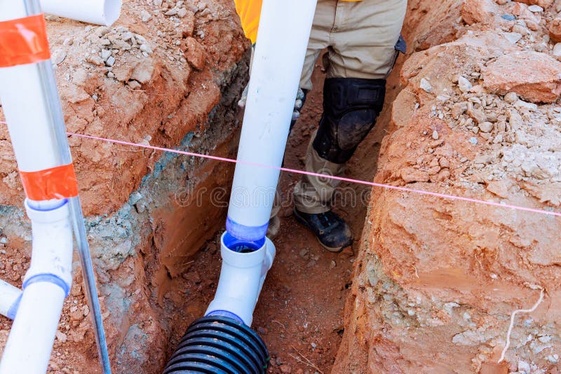 Workers Install Drainage Pipes Construction Site Trench Daylight Hours Stock Photos - Free ...