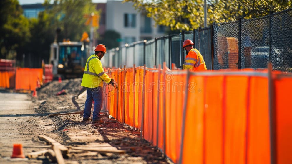Construction Workers Setting Up Orange Safety Fence Stock Illustration ...