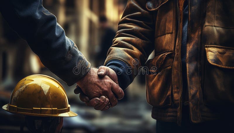 Construction Workers Shaking Hands on Construction Site - Successful ...