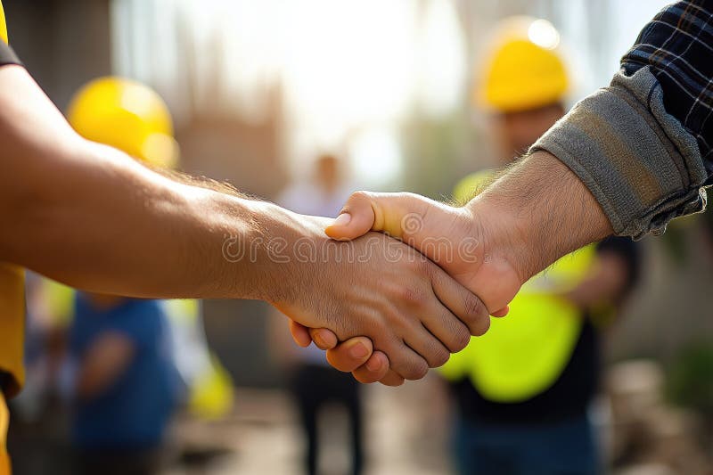 Construction Workers Shaking Hands Outdoors on Sunny Day. Project ...