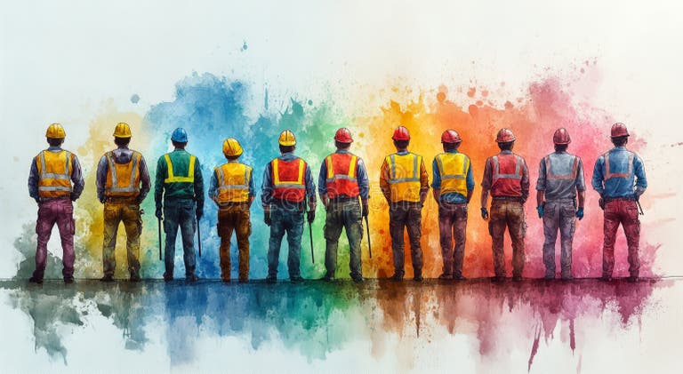 Construction Workers Showcasing Teamwork and Unity Against a Colorful ...
