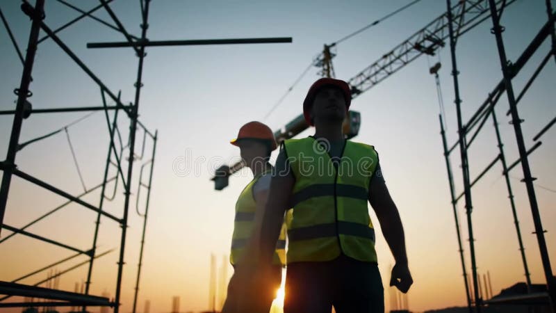 Construction Workers Silhouette Against a Bright Sky Working on a New ...