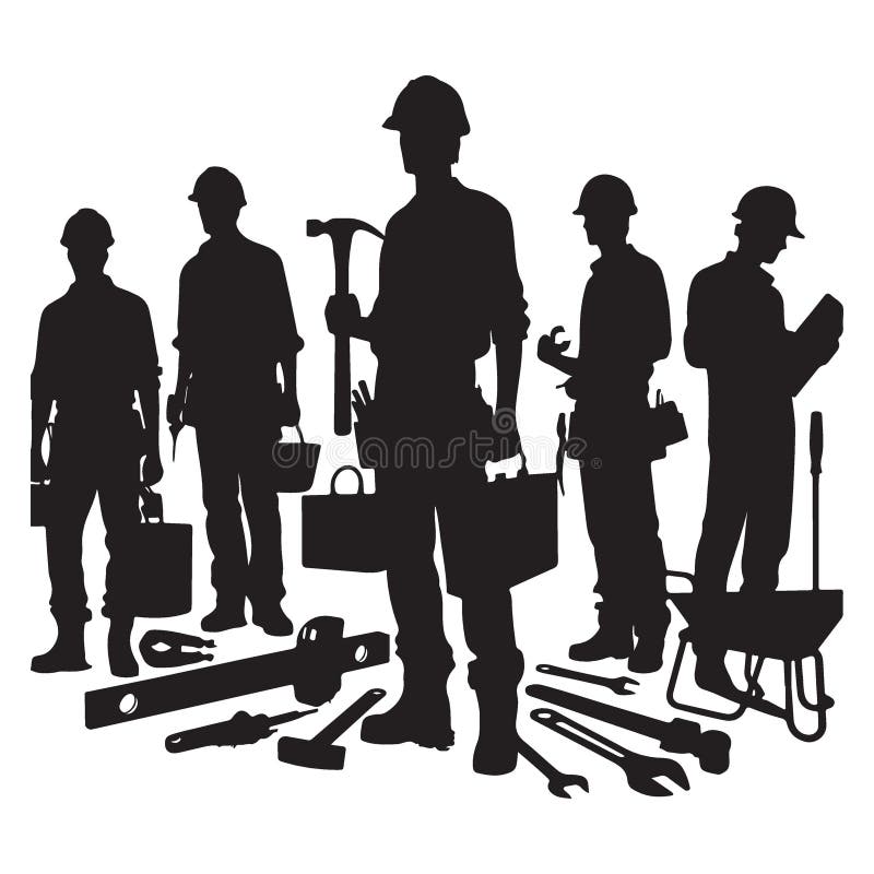 Construction Workers Silhouette Team Professionals with Tools Ready To ...