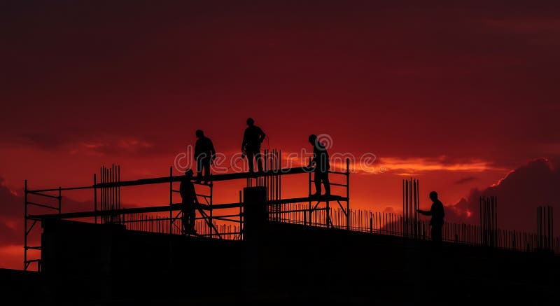 Construction Workers Silhouetted Against Dramatic Sunset Building New ...