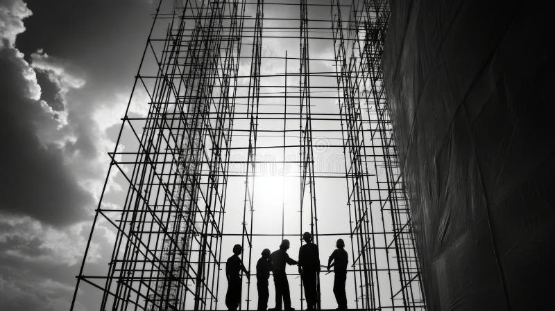 Construction Workers Silhouetted Against Scaffolding and Cloudy Sky ...