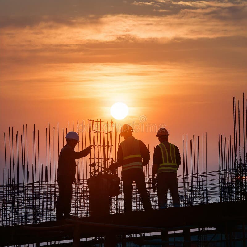 Construction Workers Silhouetted Against Sunset on Building Site. AI ...