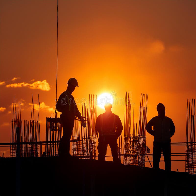 Construction Workers Silhouetted Against Sunset on Building Site. AI ...