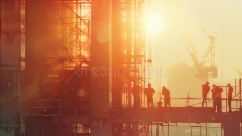 Construction Workers Silhouetted on a High-rise Building Under Warm ...