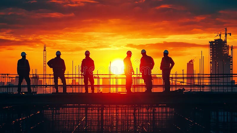 Construction Workers Silhouetted at Sunset, Embodying Teamwork and ...