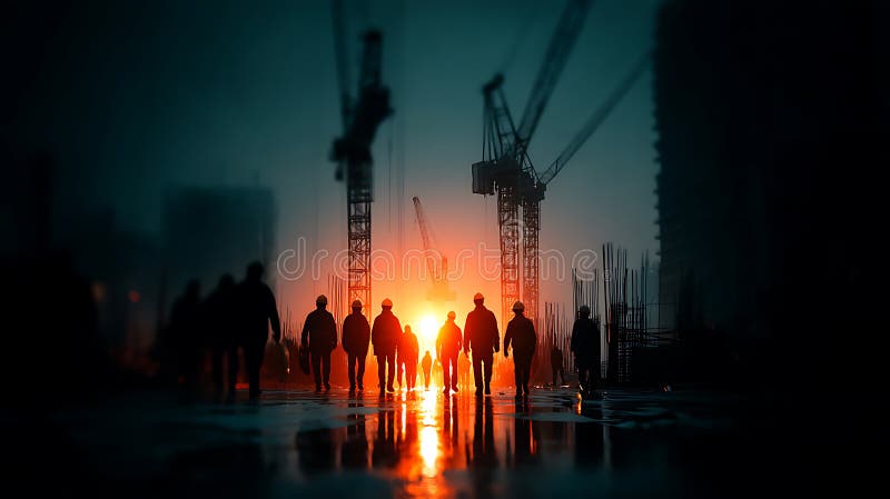Construction Workers Silhouettes Against Dramatic Sunrise at Building ...
