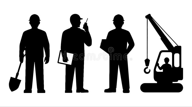 Construction Workers Silhouettes Heavy Equipment Operator Building Site ...