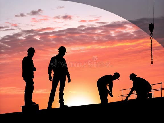 Construction Workers Silhouettes Working at Sunset Sky Stock Image ...