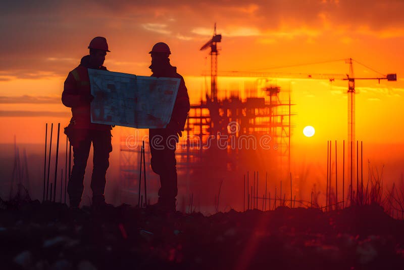 Construction Workers on Site, Engineer Holding Diagram are Standing ...